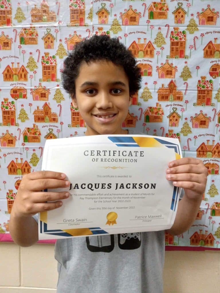 November Student of the Month – Ray Thompson Elementary School