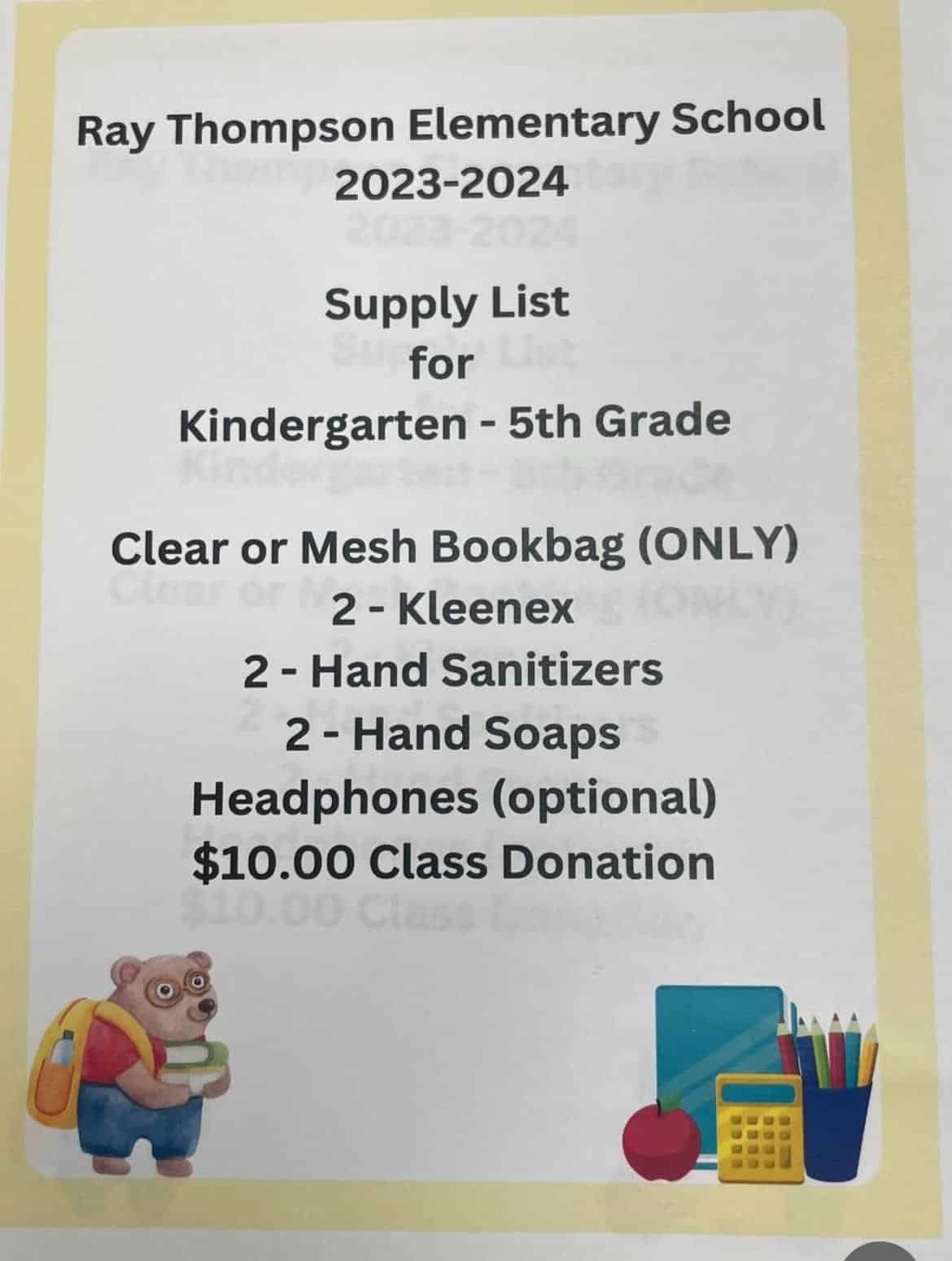 Supply List – Ray Thompson Elementary School